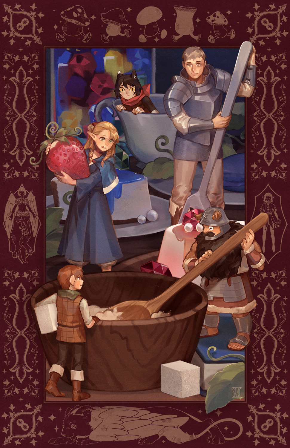 Safebooru - 2girls 3boys armor beard book chilchuck tims cooking cup dungeon meshi dwarf facial ...