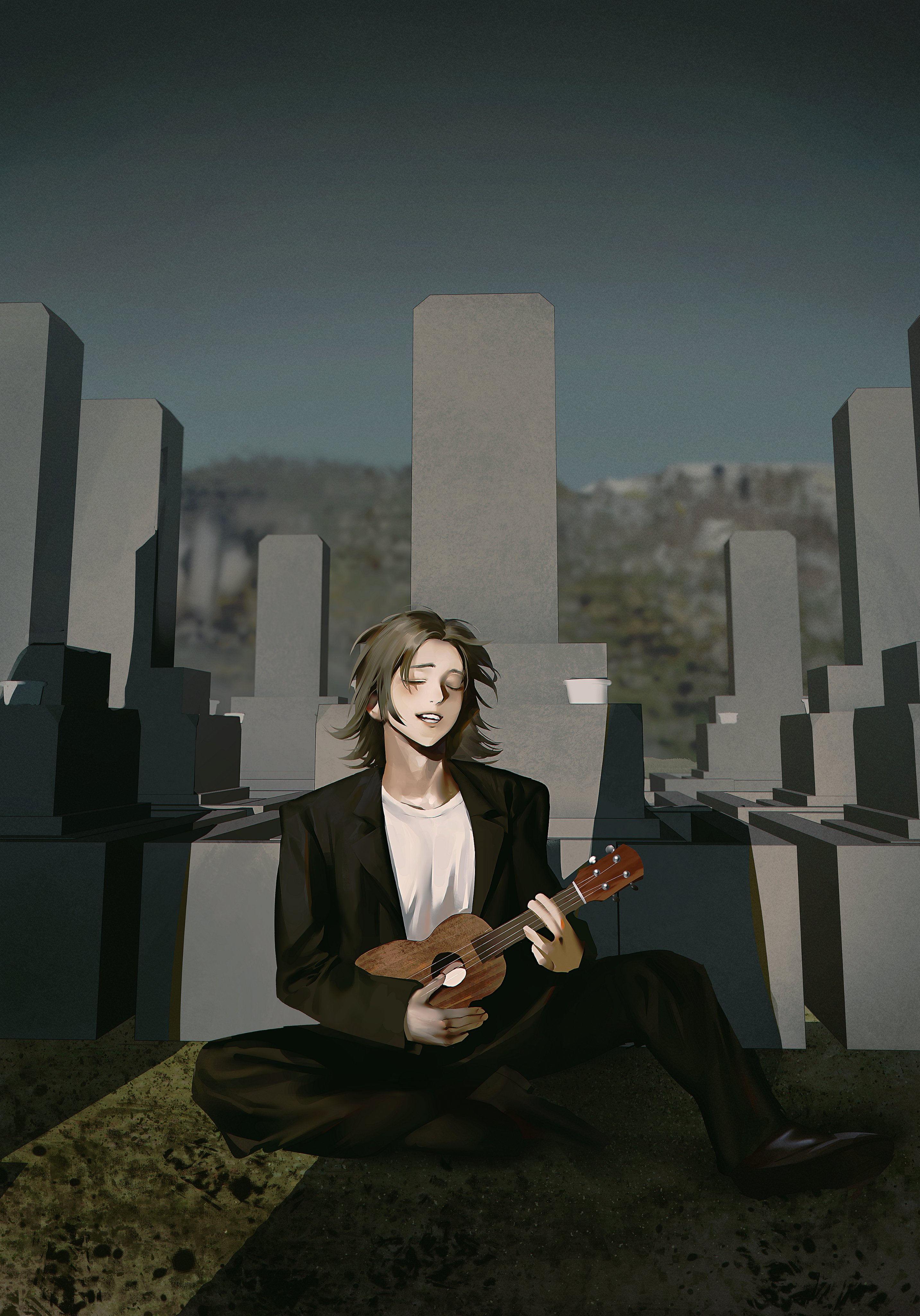 Safebooru - 1boy absurdres black jacket black pants brown hair closed eyes commentary request ...