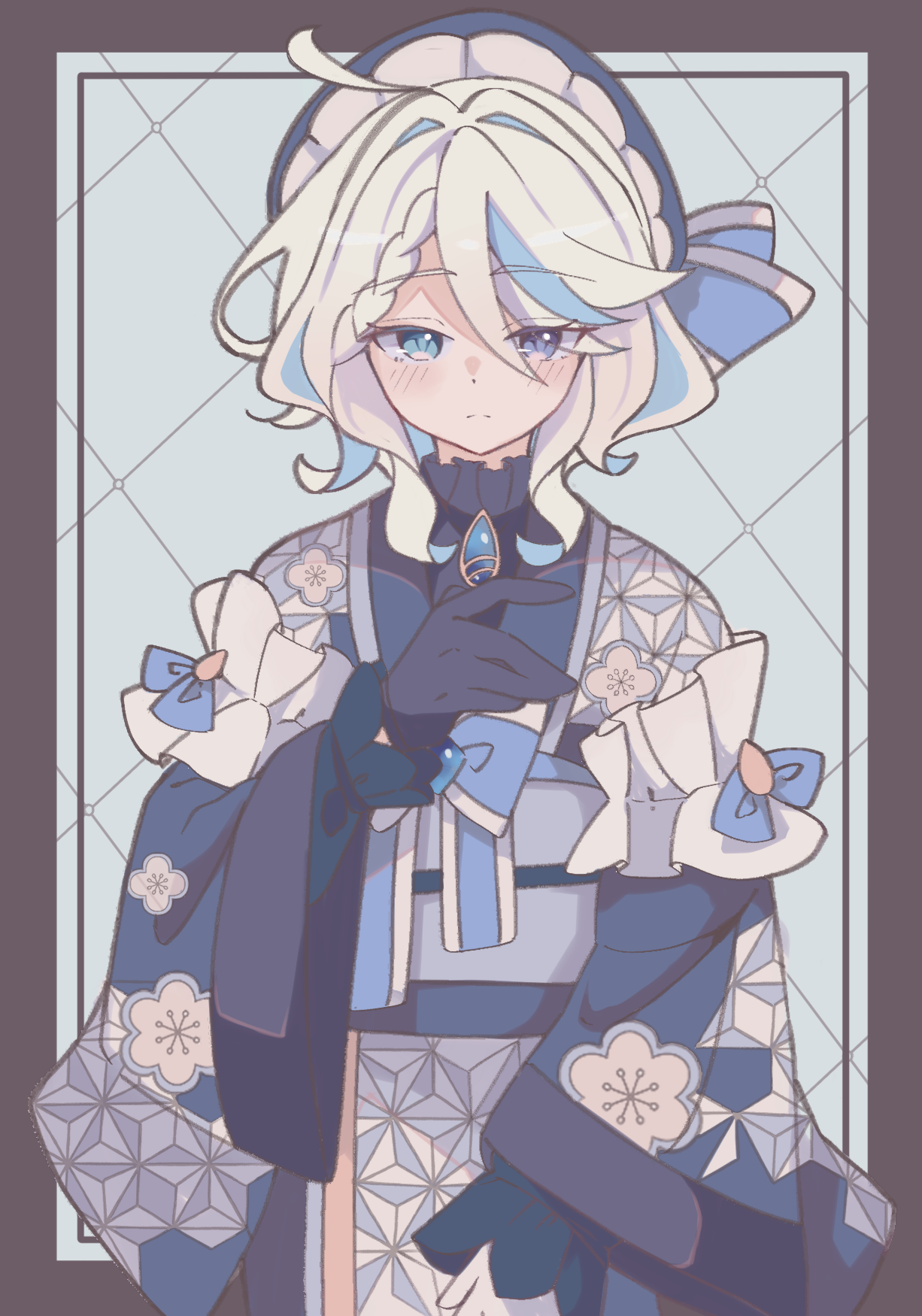 Safebooru - 1girl adapted costume ahoge asymmetrical gloves black gloves blue eyes blue kimono ...