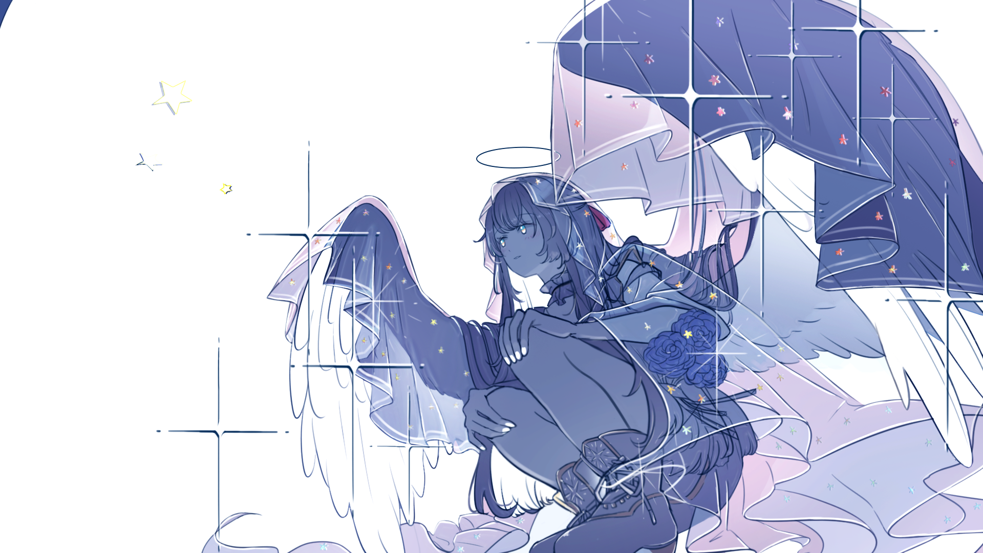 Safebooru - 1girl angel angel wings blue eyes blue flower boots closed mouth dress feathered ...