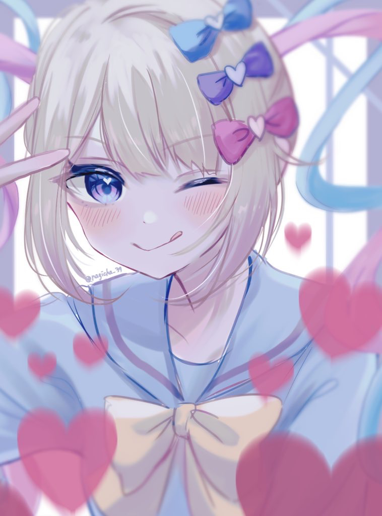 Safebooru - 1girl ;q blonde hair blue bow blue eyes blue hair blue shirt bow chouzetsusaikawa ...