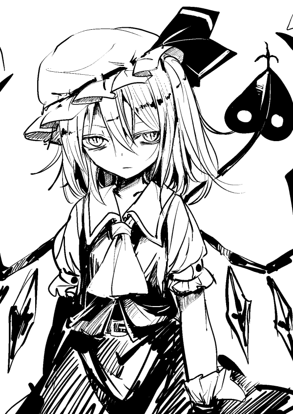 Safebooru - ascot bags under eyes closed mouth crystal wings flandre scarlet greyscale karu0000 ...