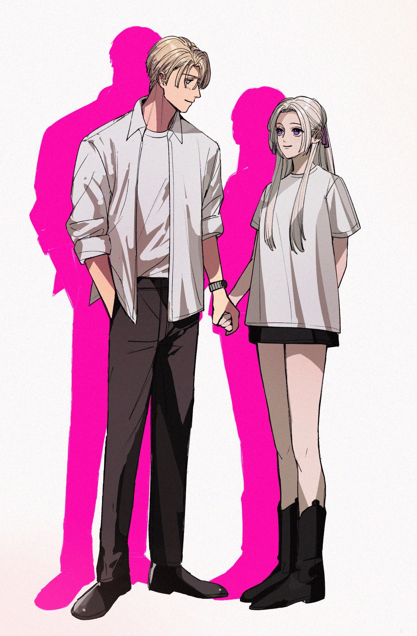 Safebooru - 1boy 1girl amikoiiko arm behind back belt black footwear black pants black shorts ...