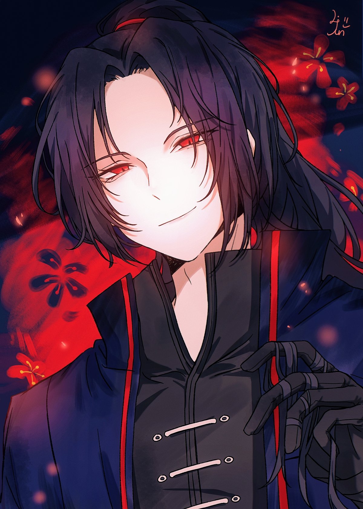 Safebooru - 1boy black gloves black hair black shirt blue coat closed mouth coat flower gloves ...