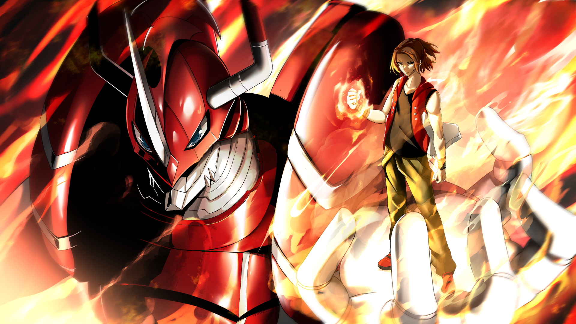 Safebooru - 2boys aura black shirt blue eyes brown hair brown pants ...