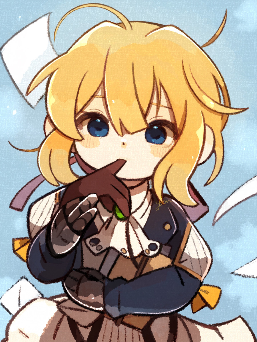 Safebooru - 1girl ahoge blonde hair blue background blue eyes blush ...