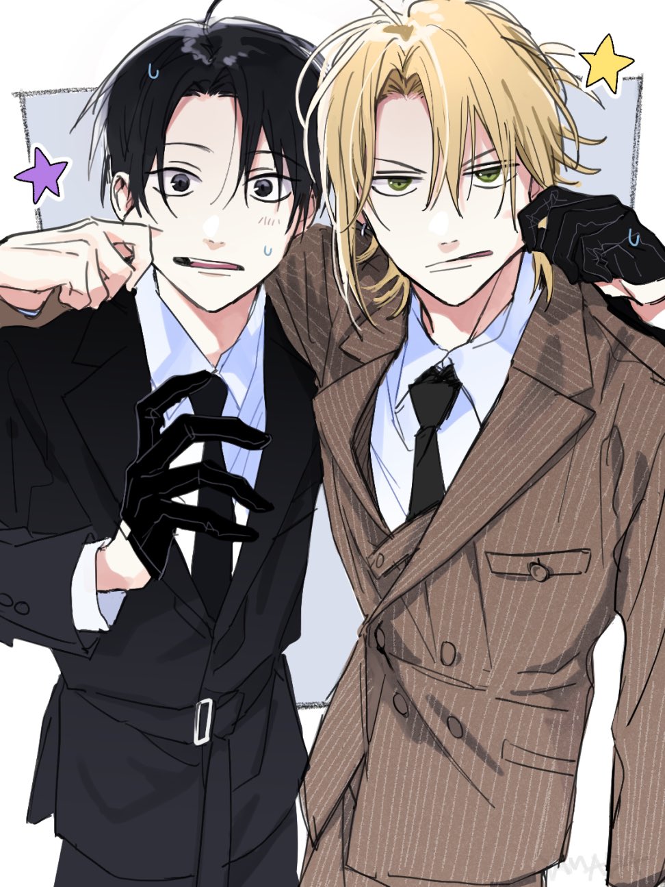 Safebooru - 2boys arm on another's shoulder black eyes black hair black ...