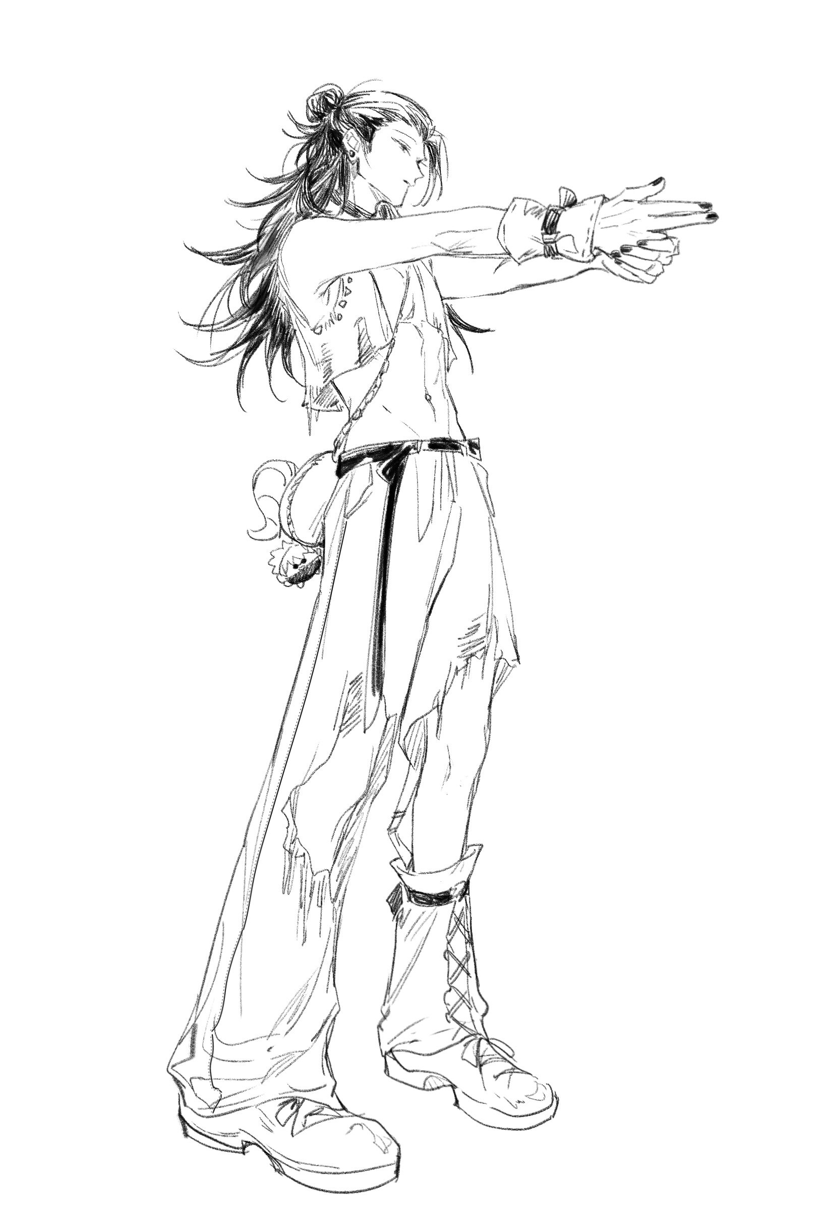 Safebooru - 1boy absurdres bag belt black hair black nails finger gun ...