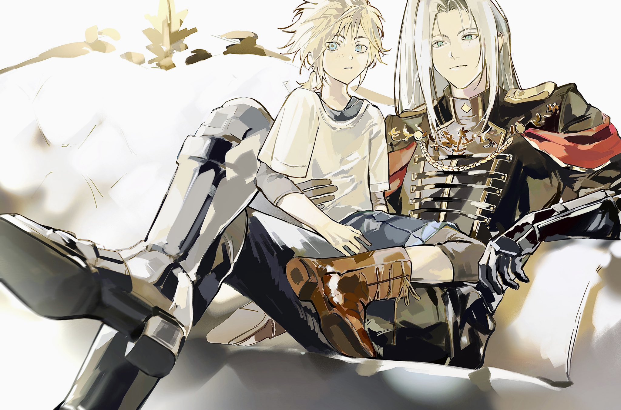 Safebooru - 2boys age difference aged down aiguillette arm armor black footwear black gloves ...