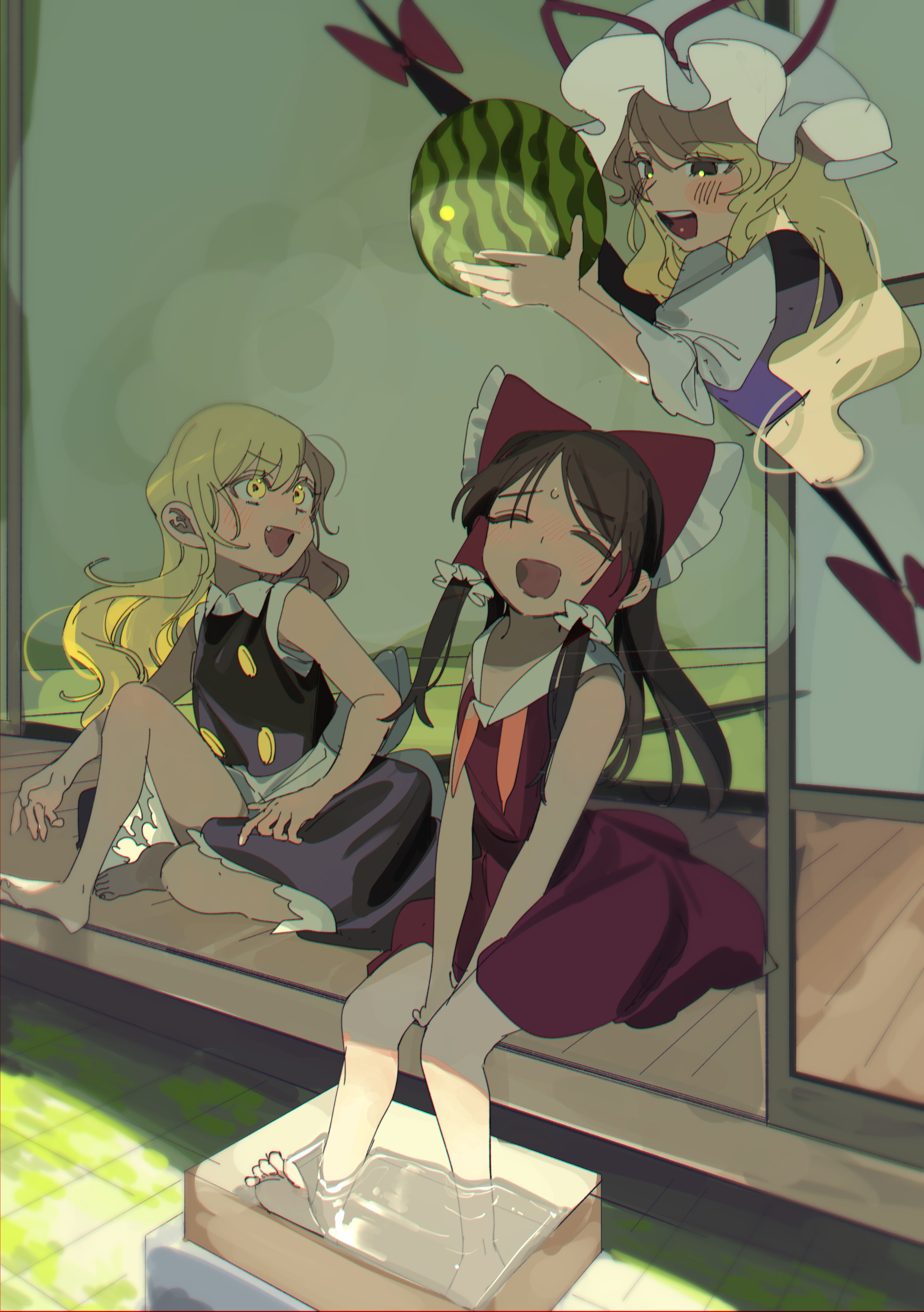 Safebooru - 3girls :d absurdres bare legs bare shoulders barefoot black skirt black vest blonde ...