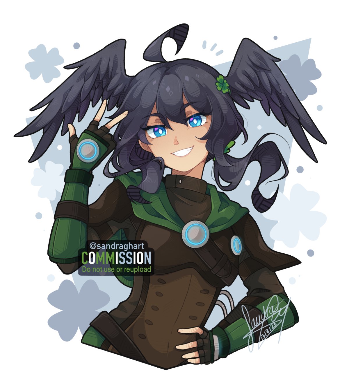 Safebooru - 1girl black hair blue eyes bodysuit clover clover hair ornament clover print ...