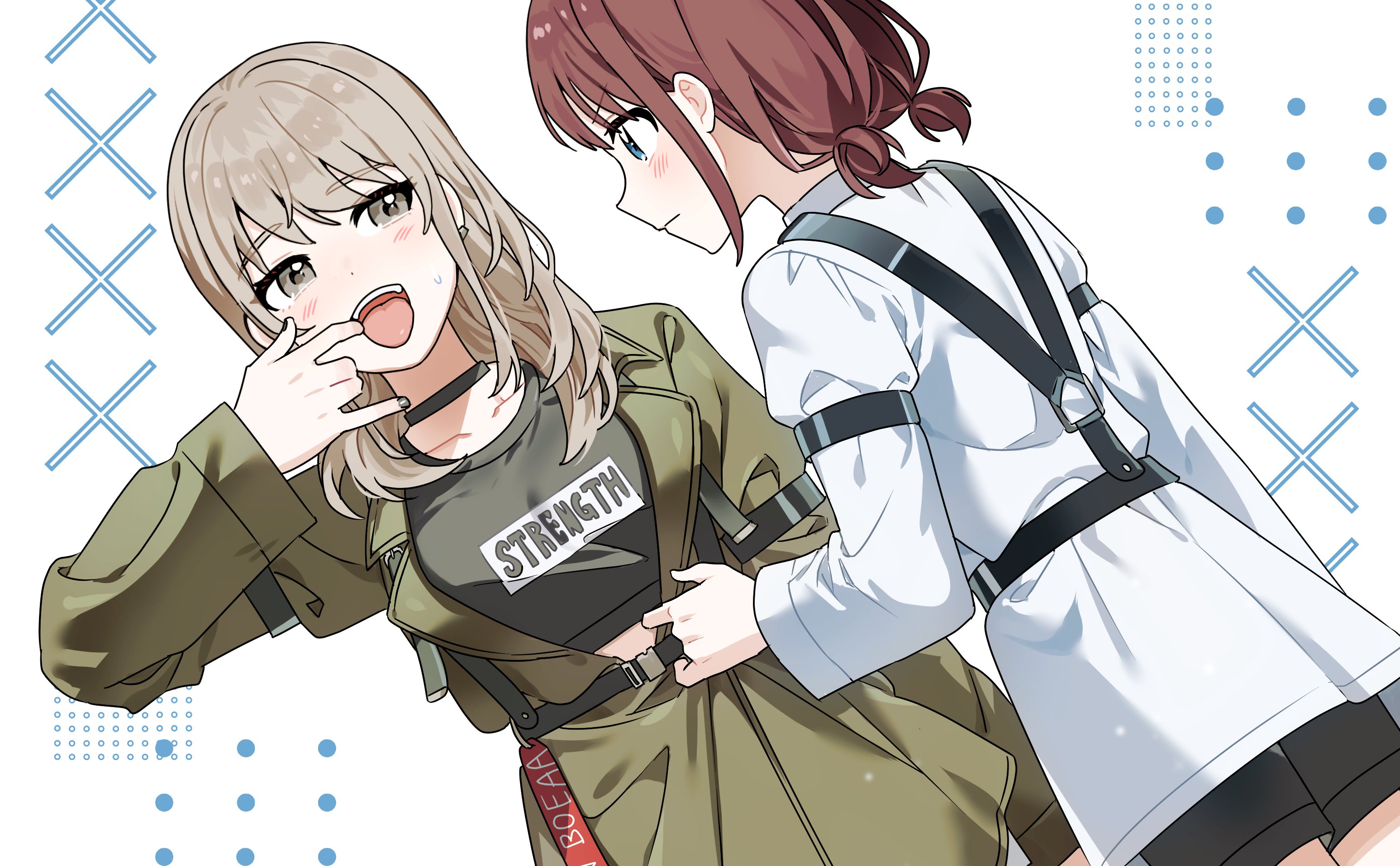 Safebooru - 2girls black shirt black shorts blue eyes blush chest harness closed mouth coat ...