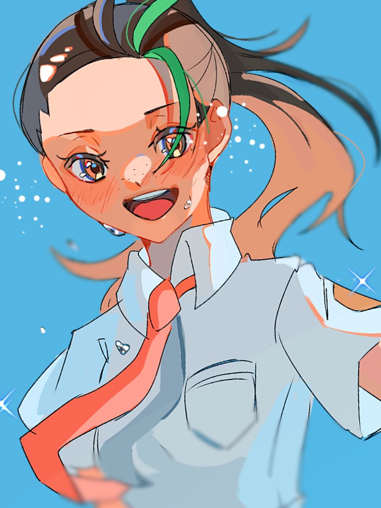 Safebooru - 1girl :d black hair blue background breast pocket collared ...