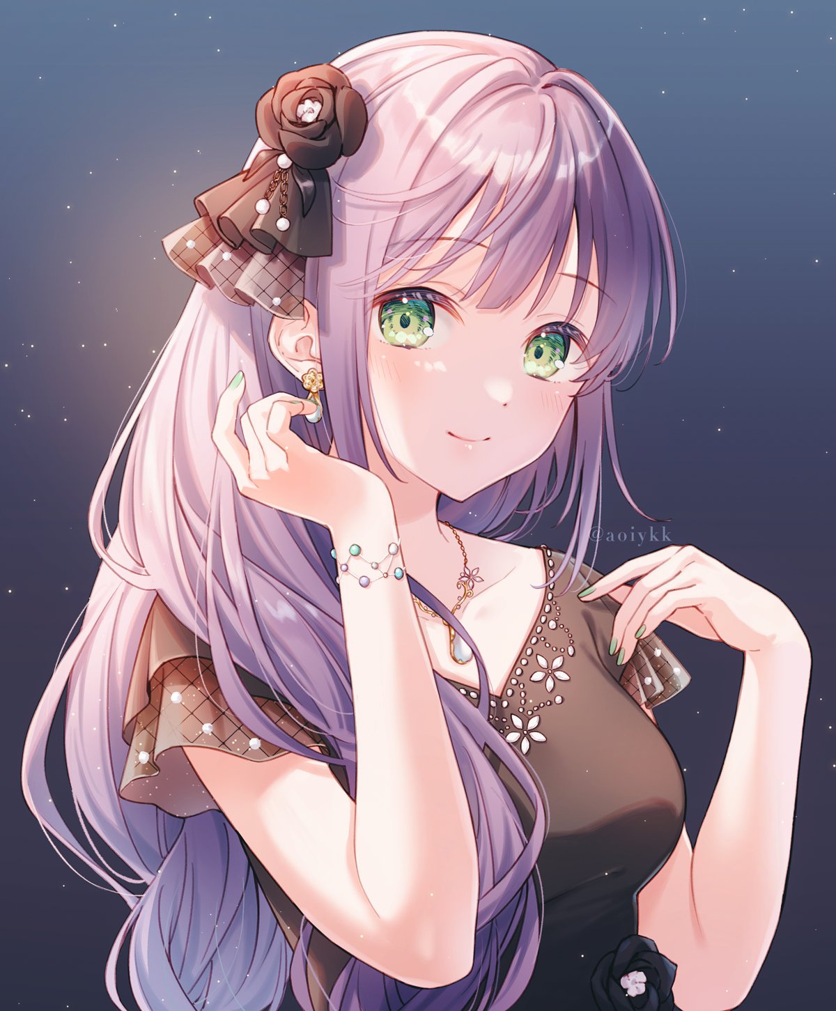 Safebooru - 1girl black background black dress black flower blue ...