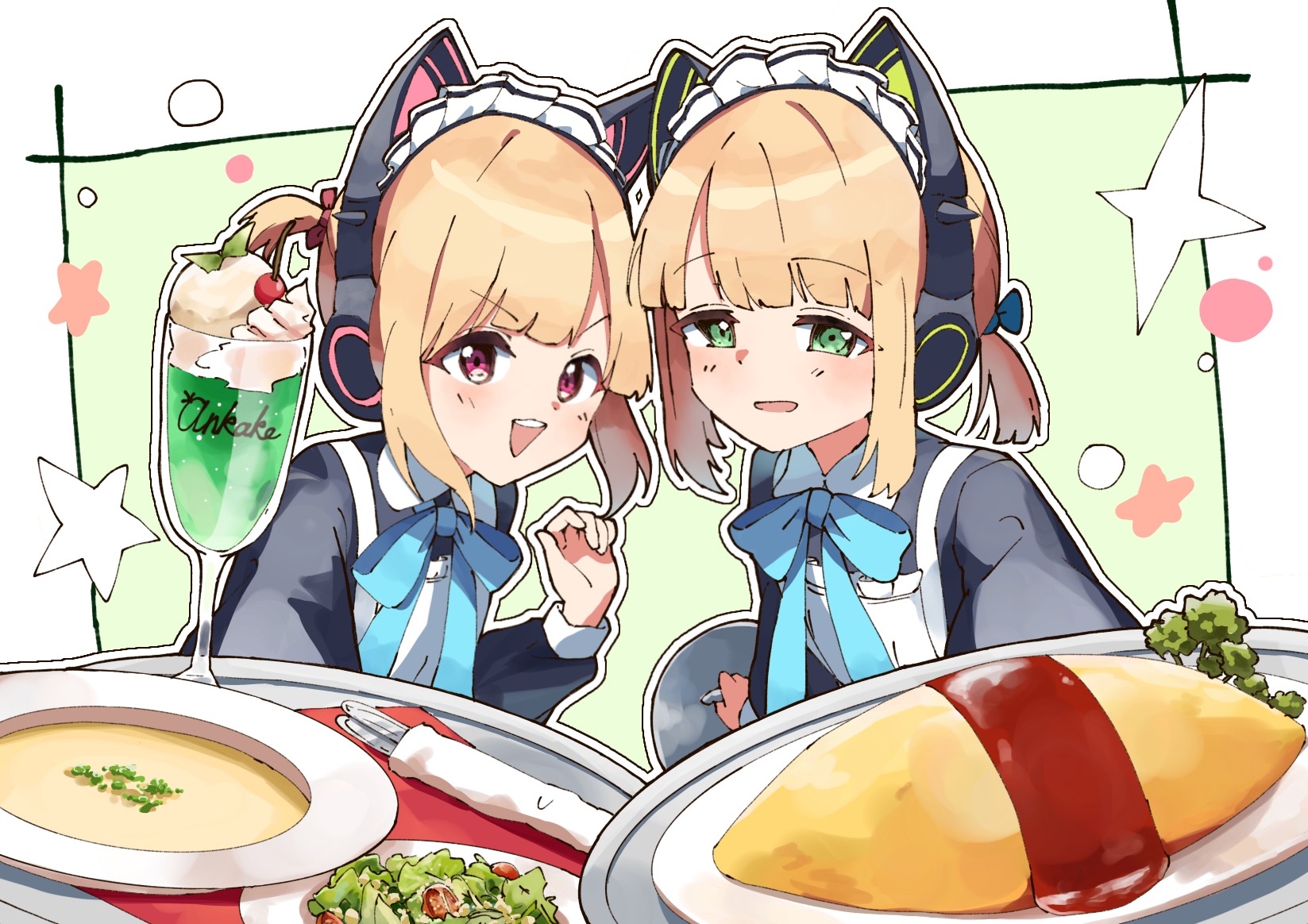 Safebooru - 2girls :d animal ear headphones animal ears ankaketomato apron black dress blonde ...