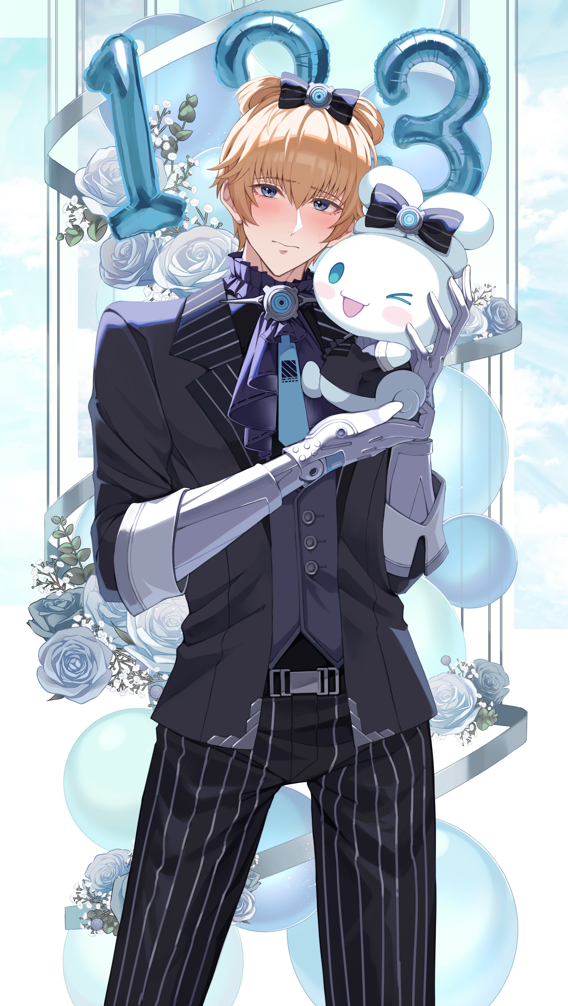 Safebooru - > o 1boy :d absurdres ascot balloon belt black belt black bow black jacket black ...