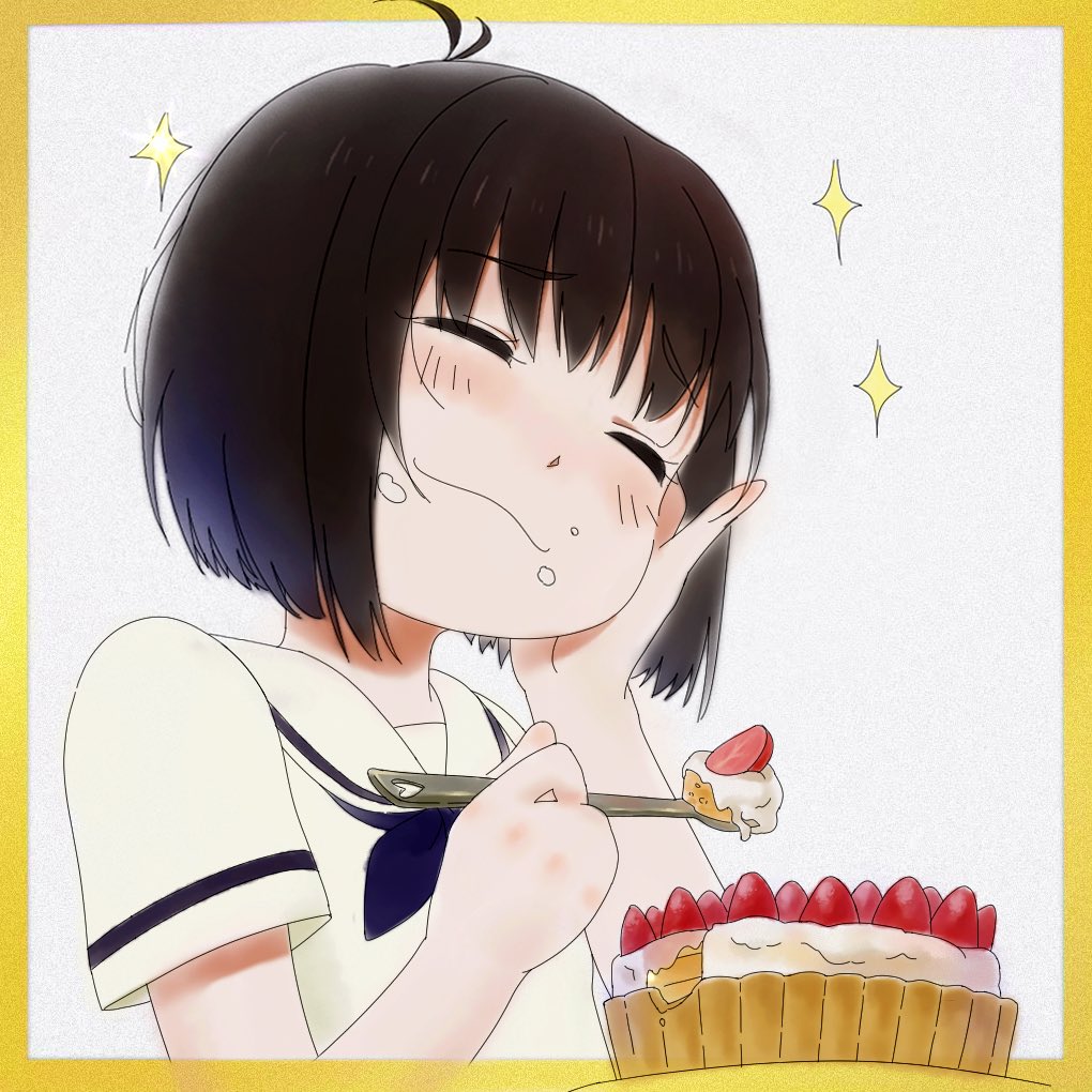 Safebooru - :3 ^ ^ antenna hair black hair blue neckerchief blush border cake cake slice closed ...