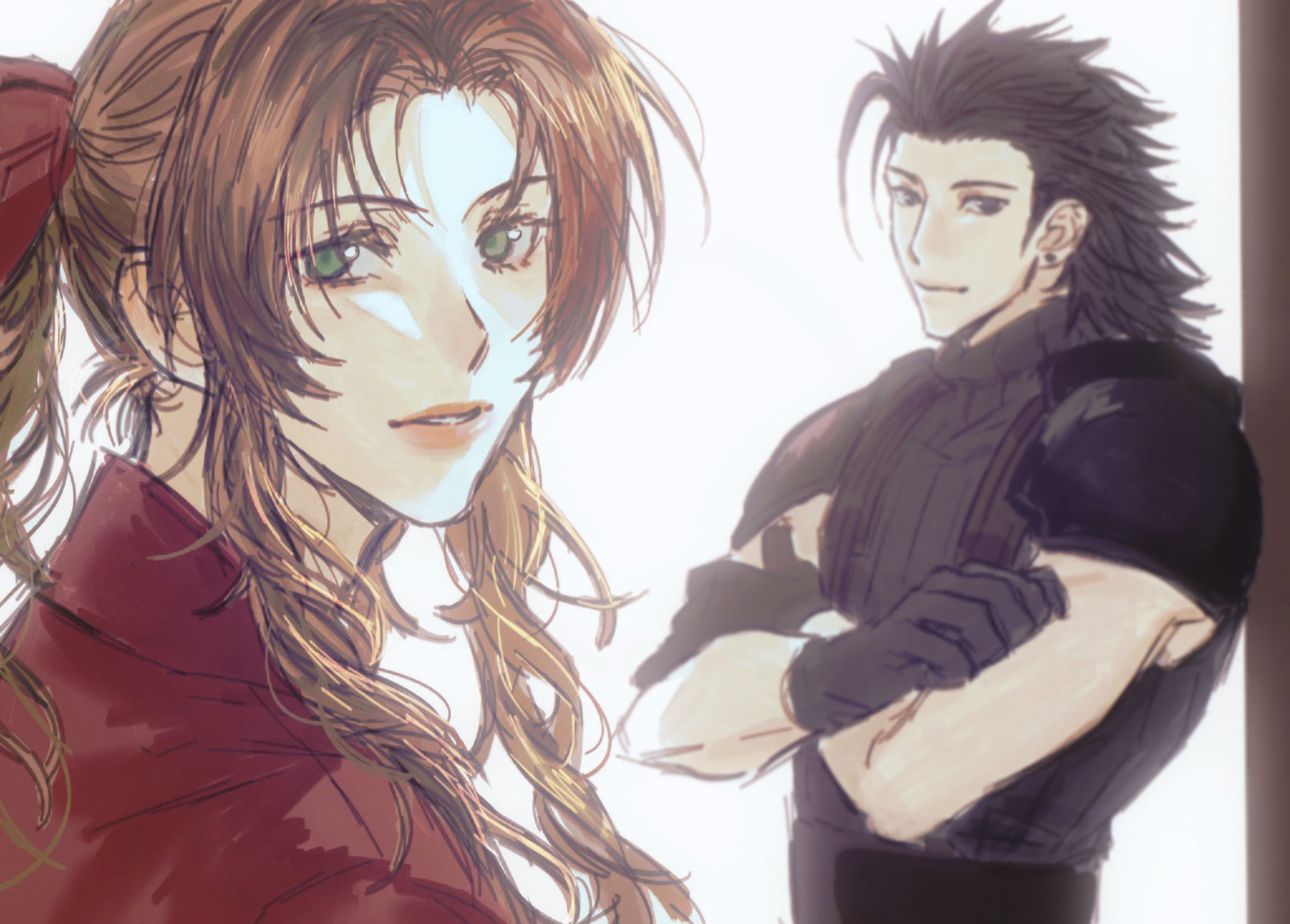 Safebooru - 1boy 1girl aerith gainsborough armor black gloves black hair black shirt braid ...