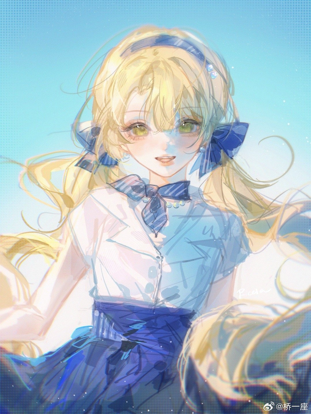 Safebooru - 1girl :d blonde hair blue background blue bow blue hairband blue neckerchief blue ...