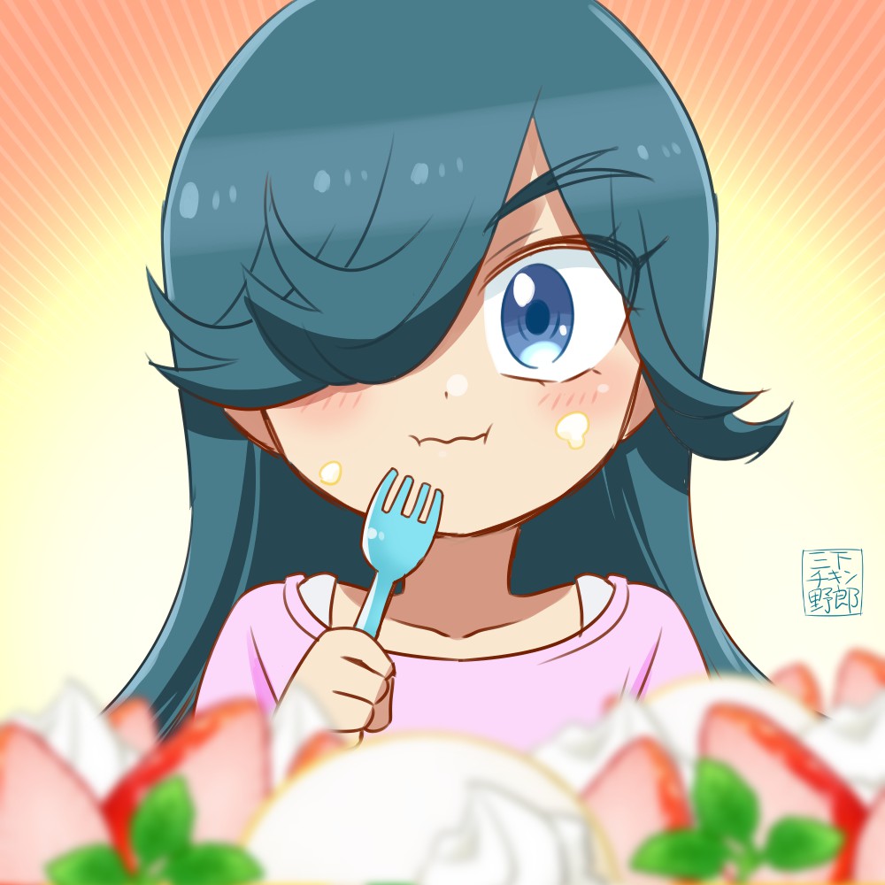 Safebooru - 1girl blue eyes blush eating food food in mouth food on face fork fruit green hair ...