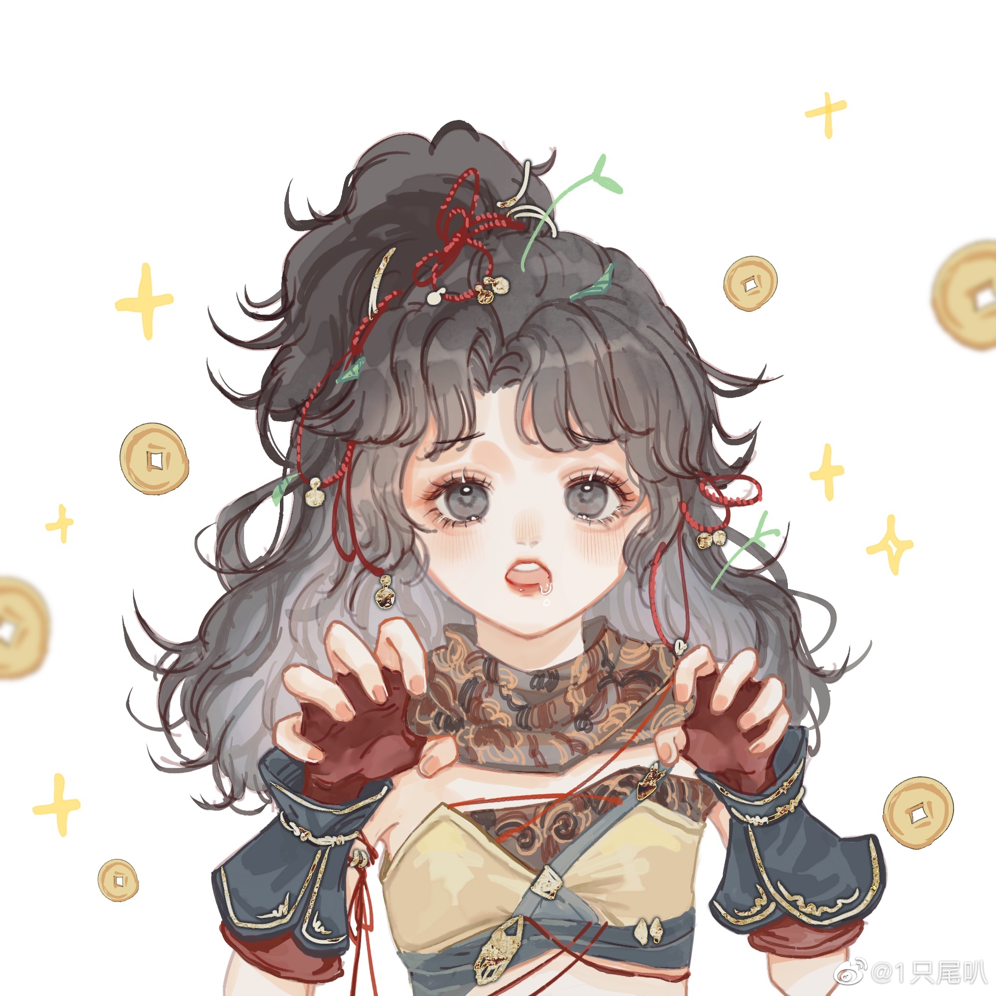 Safebooru - 1 zhi wei ba 1girl bell black wrist cuffs brown eyes brown ...