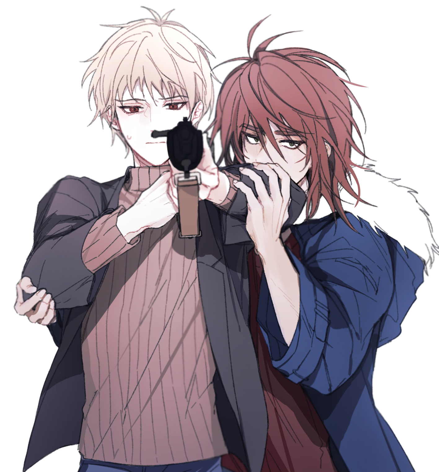 Safebooru - 2boys aiming aiming at viewer aji (sagi 45) atou haruki black jacket blonde hair ...