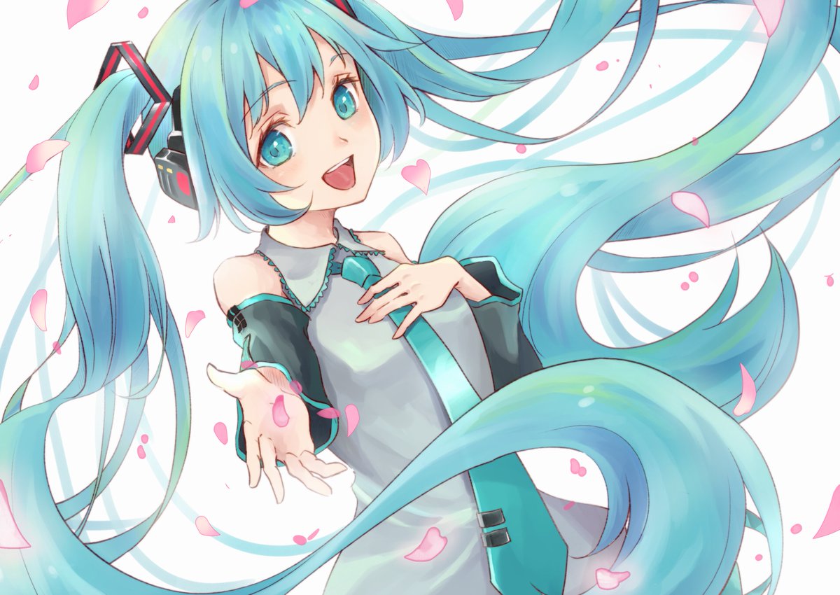 Safebooru - 1girl aqua eyes aqua hair aqua necktie black sleeves blue eyes detached sleeves grey ...