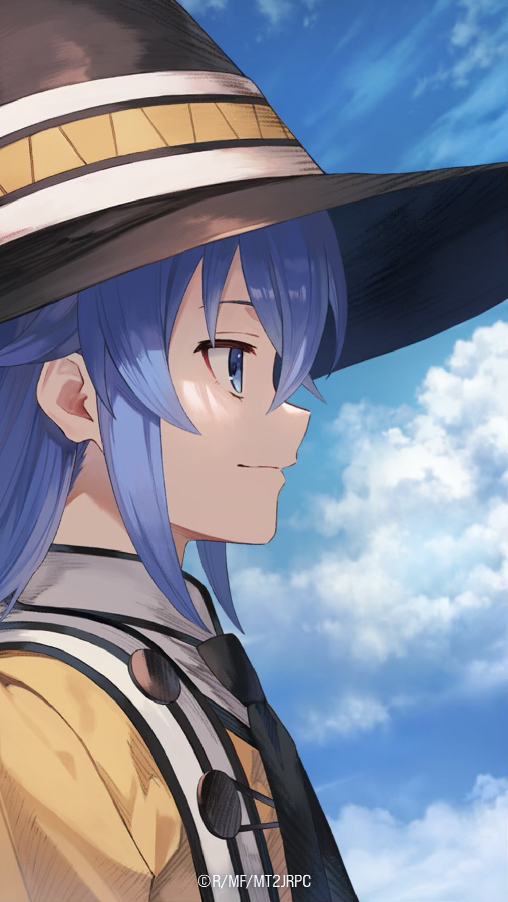 Safebooru - 1girl black hat blue eyes blue hair brown dust 2 brown robe capelet closed mouth ...