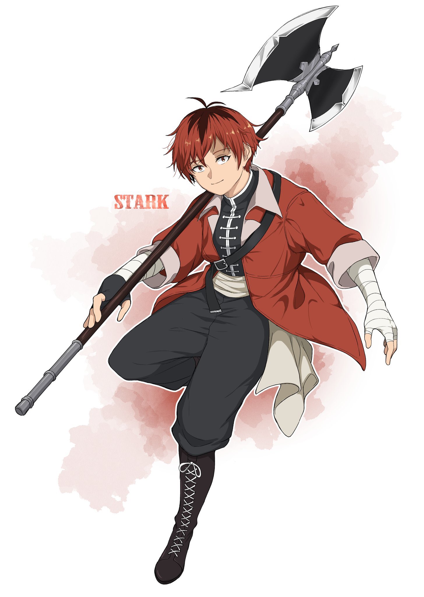 Safebooru - 1boy axe bandaged arm bandages battle axe black footwear black gloves black pants ...