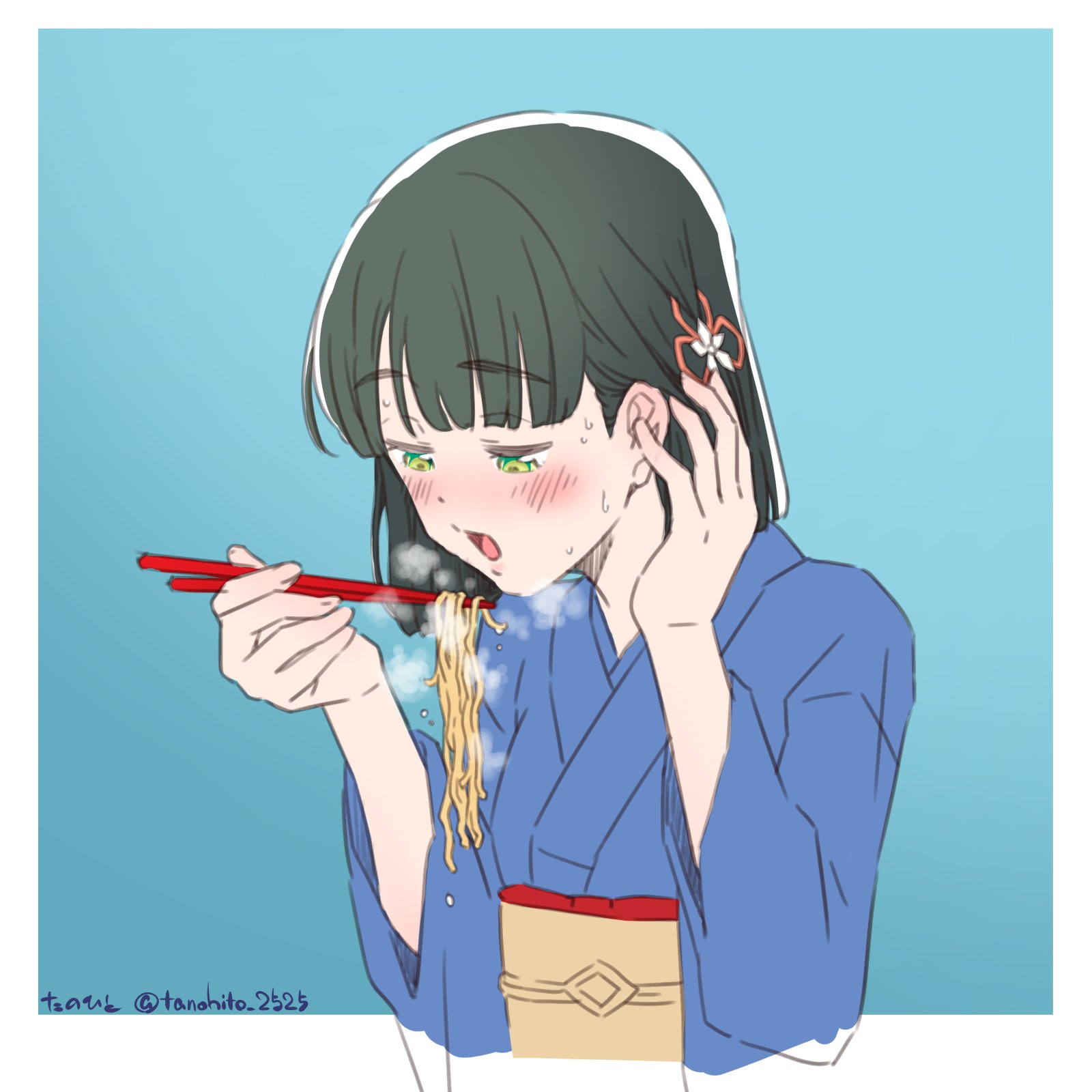 Safebooru - 1girl artist name blowing on food blue background blue kimono blunt bangs blunt ends ...