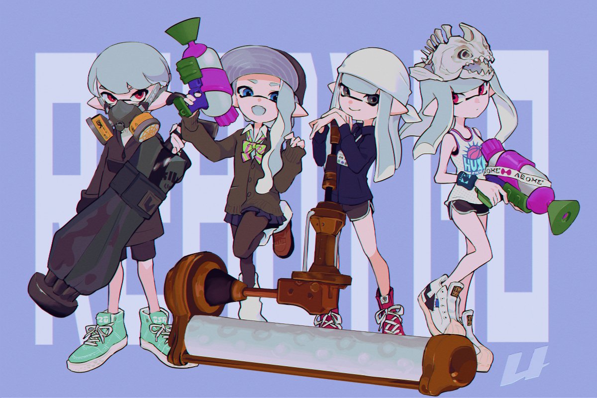 Safebooru - 1boy 3girls :d aqua footwear bandana baseball cap ...