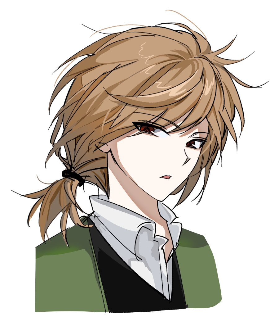 Safebooru - 1boy alternate hairstyle black vest brown hair collared shirt commentary request dyo ...