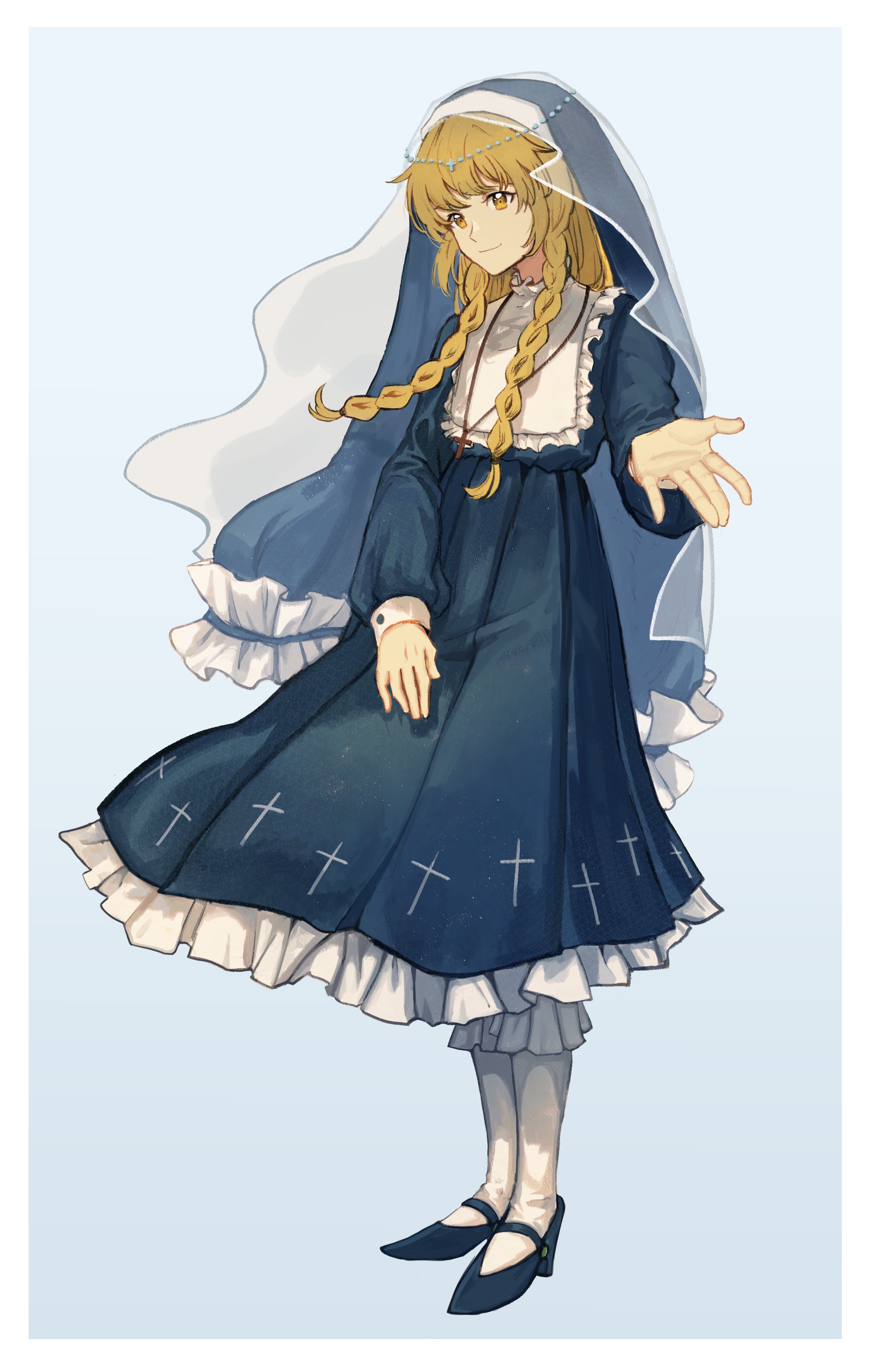 Safebooru - 1girl absurdres blue dress blue footwear braid brown eyes closed mouth commentary ...