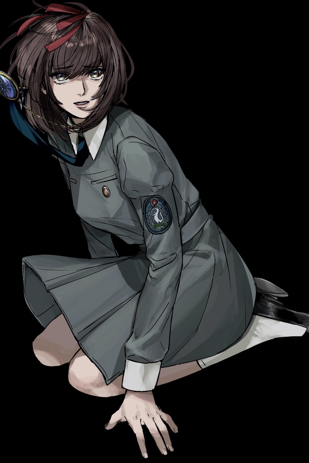 Safebooru - 1girl amikoiiko black background black footwear blue necktie brown eyes brown hair ...