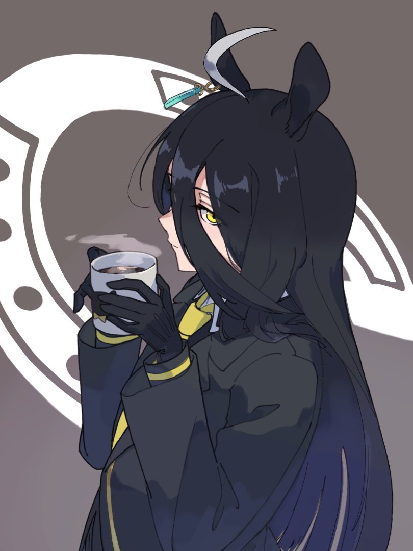 Safebooru - 1girl ahoge animal ears black coat black gloves black hair coat coffee coffee mug ...