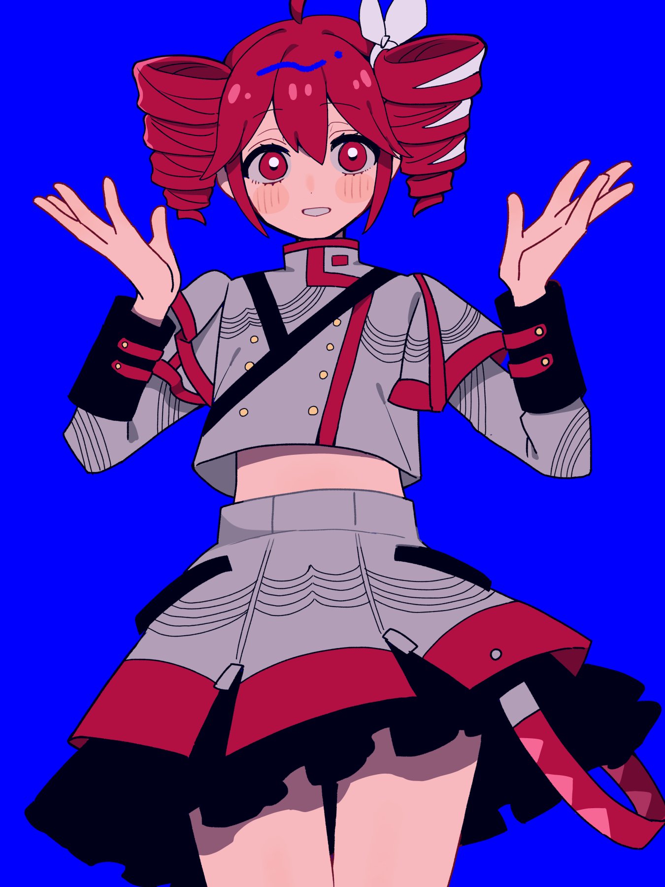 Safebooru - 1girl blue background cowboy shot drill hair frilled skirt frills grey shirt grey ...