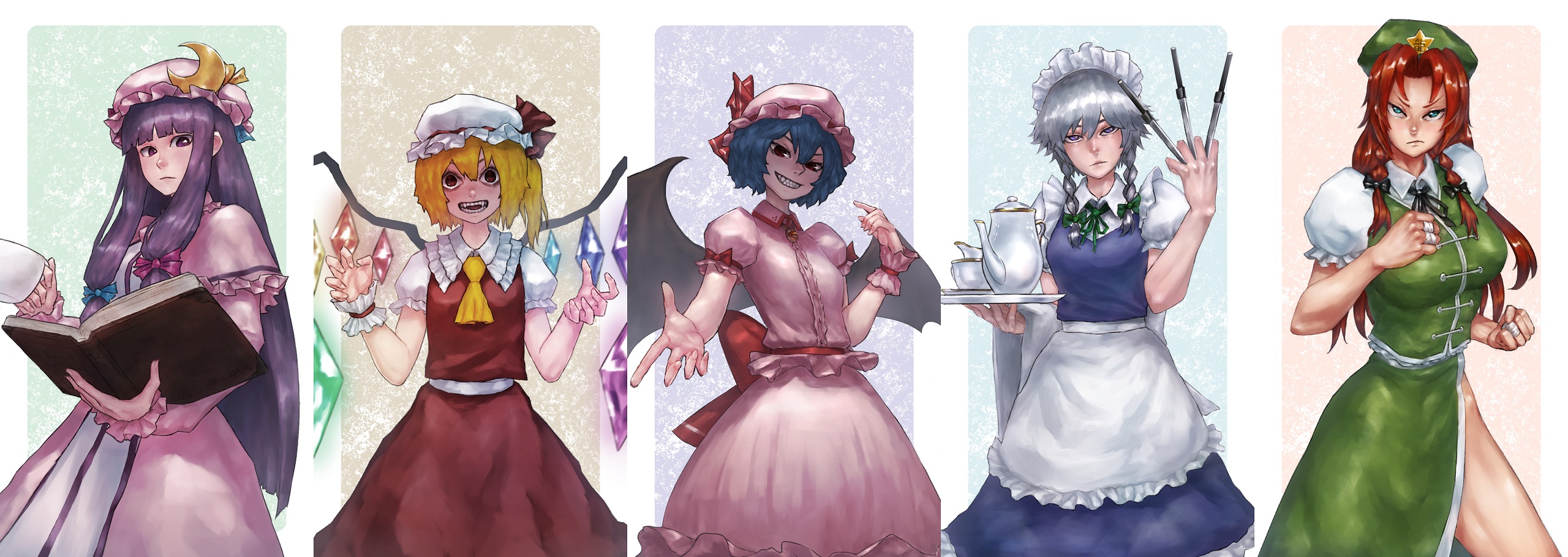 Safebooru - 5girls apron ascot bat wings beret blonde hair blue hair bluecup braid breasts ...
