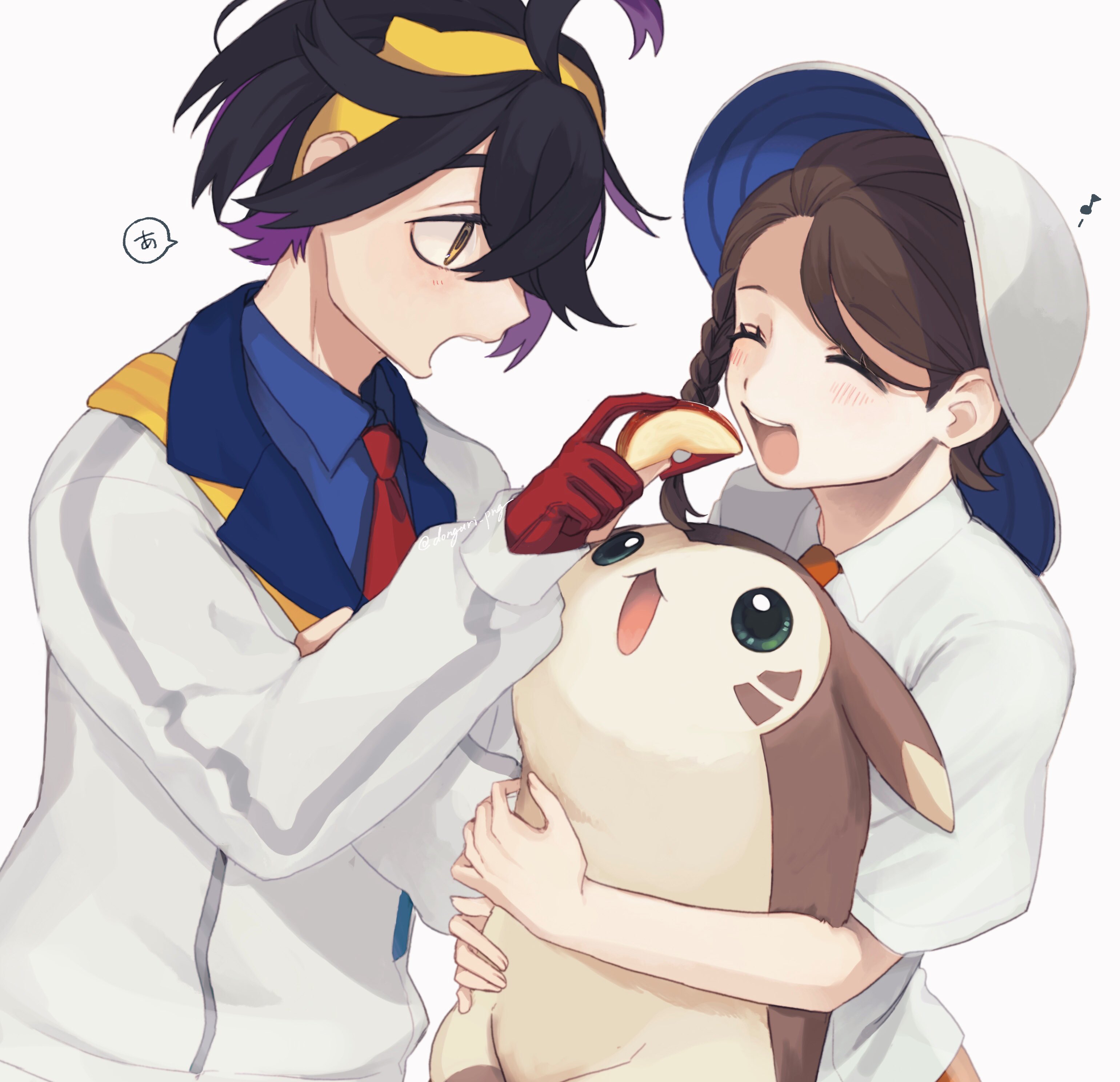 Safebooru - 1boy 1girl absurdres apple apple slice black hair blue shirt blush braid brown hair ...