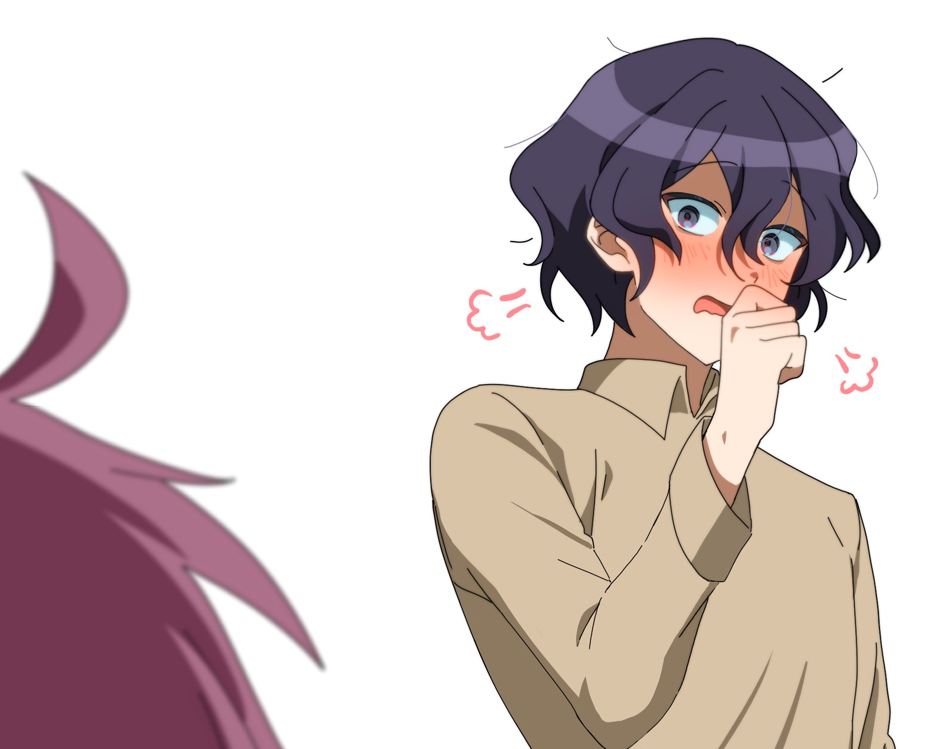 Safebooru - 2boys black eyes black hair blush brown shirt collared shirt hand to own mouth ...