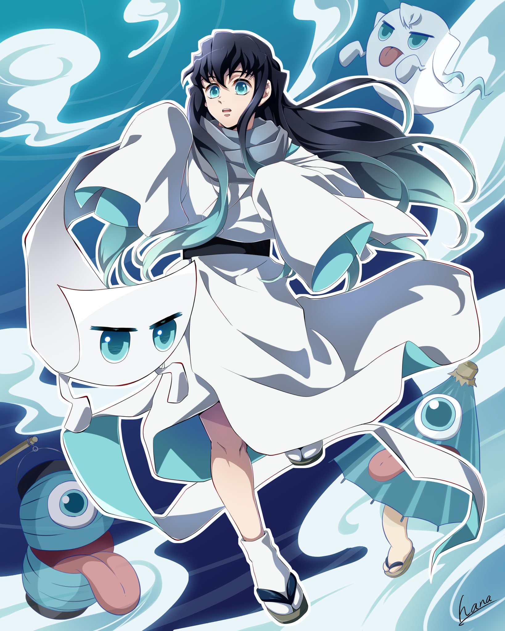 Safebooru - 1boy aqua eyes aqua hair black hair demon slayer uniform geta ghost hana ni nare ...