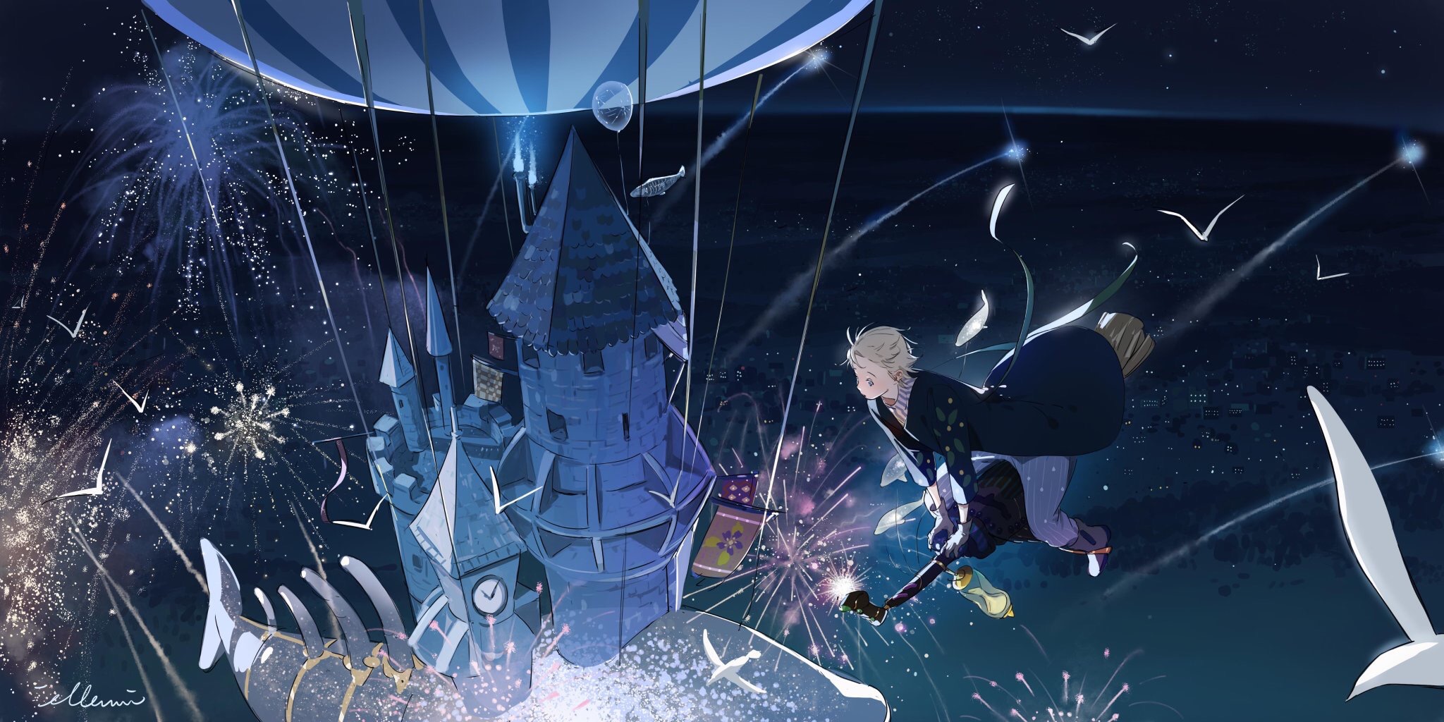 Safebooru - 1boy artist name bird blonde hair blue coat blue eyes broom castle city clock coat ...