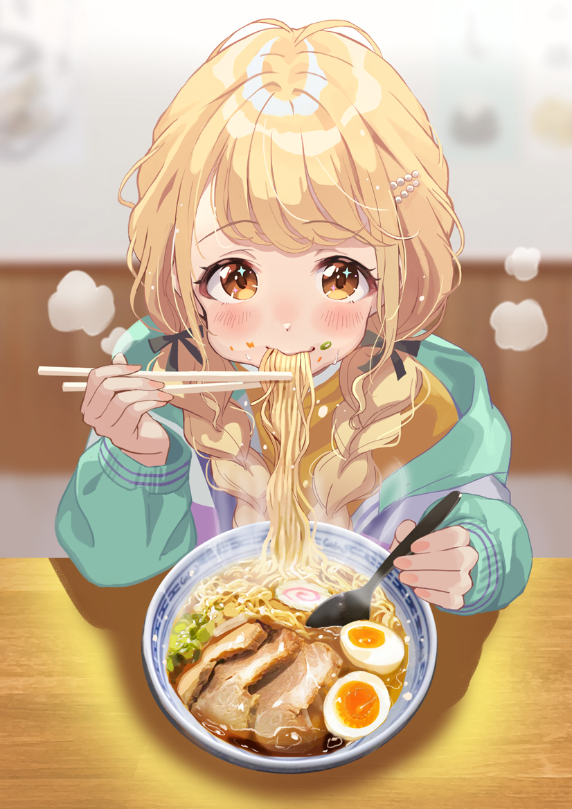 Safebooru - 1girl blonde hair blush braid chopsticks eating food food on face fujita kotone ...