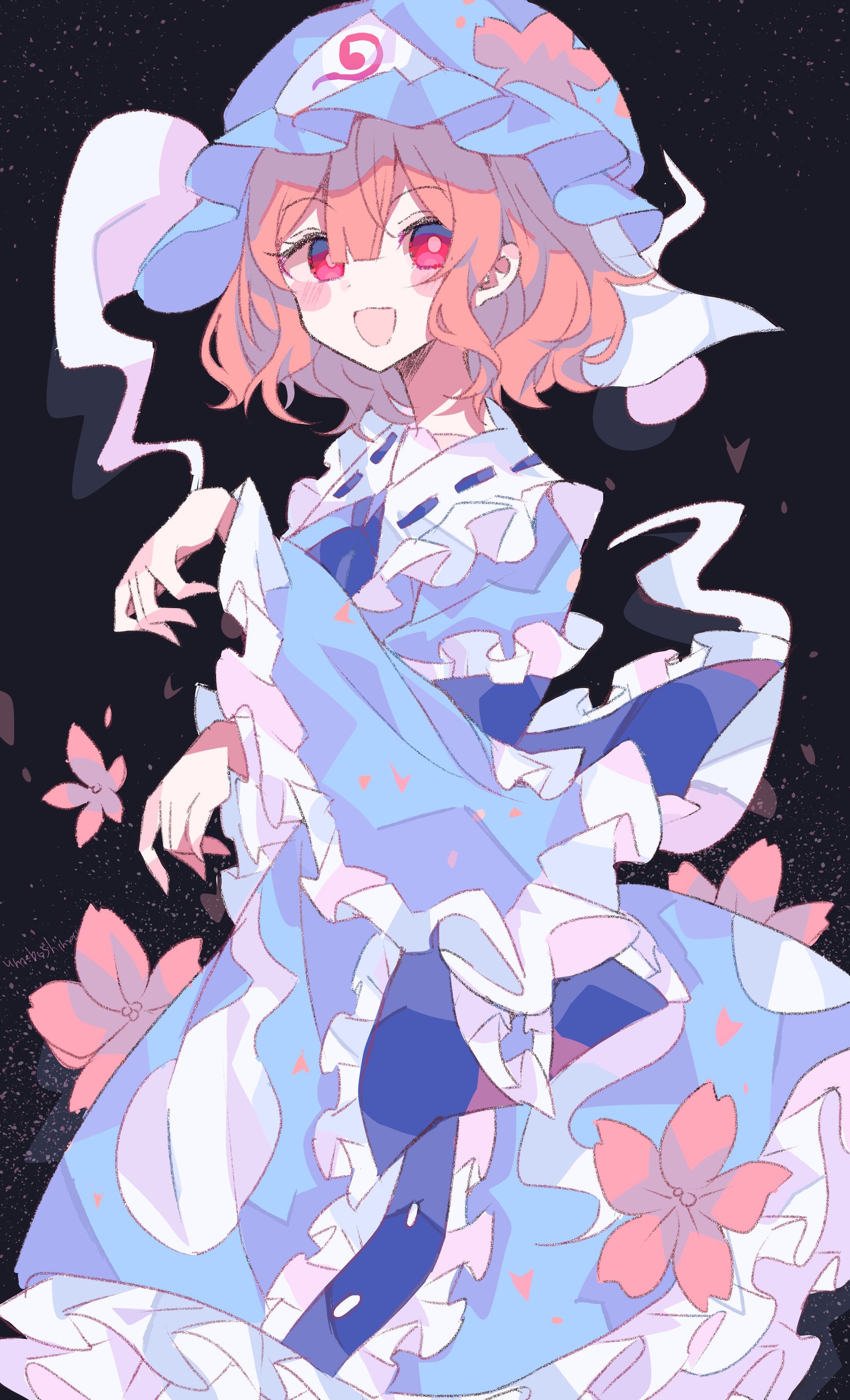 Safebooru - 1girl absurdres black background blue bow blue kimono blush ...
