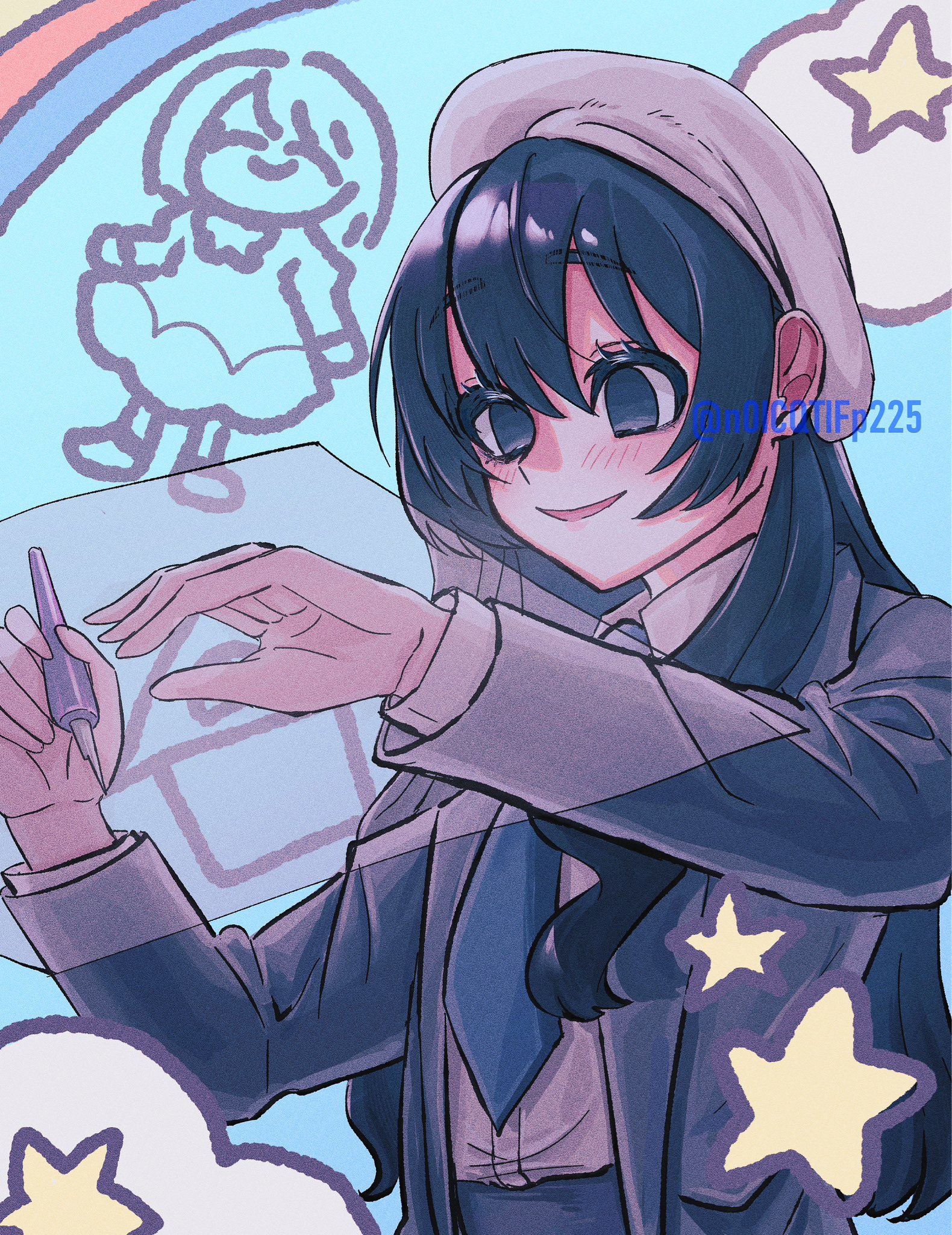 Safebooru - 1girl belt black eyes black hair black jacket black necktie blazer cloud print empty ...