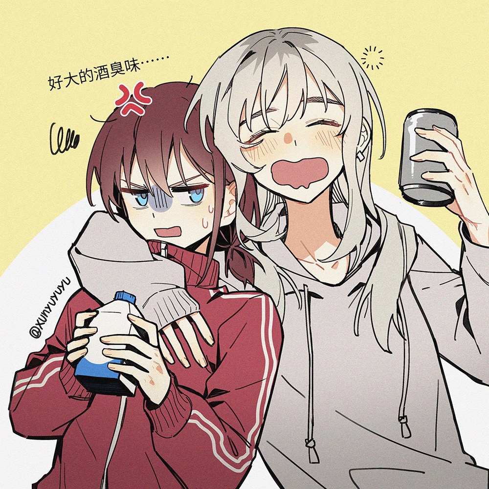 Safebooru - 2girls arm around neck beer can blue eyes brown hair can chinese commentary chinese ...