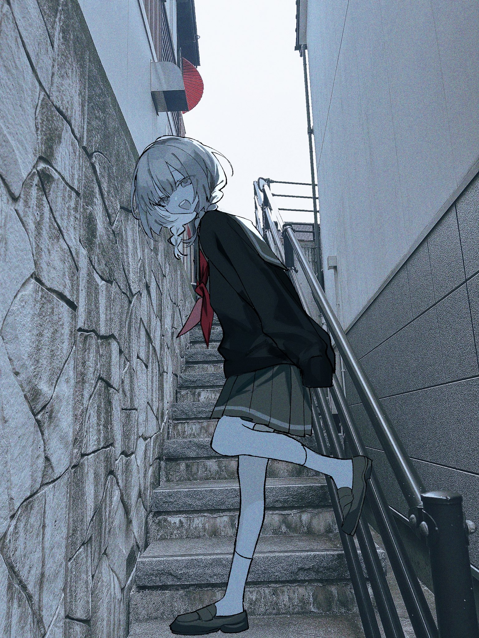 Safebooru - 1girl :d against railing air vent arms behind back black footwear black skirt black ...