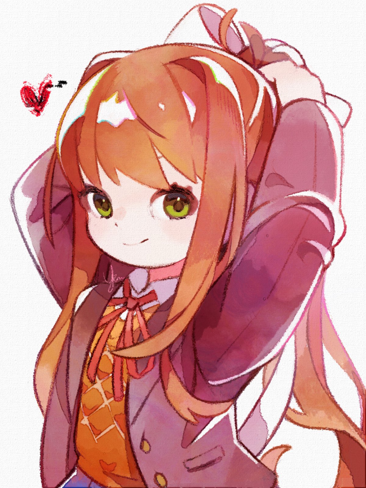 Safebooru - 1girl arms up blazer bow closed mouth cowboy shot doki doki ...
