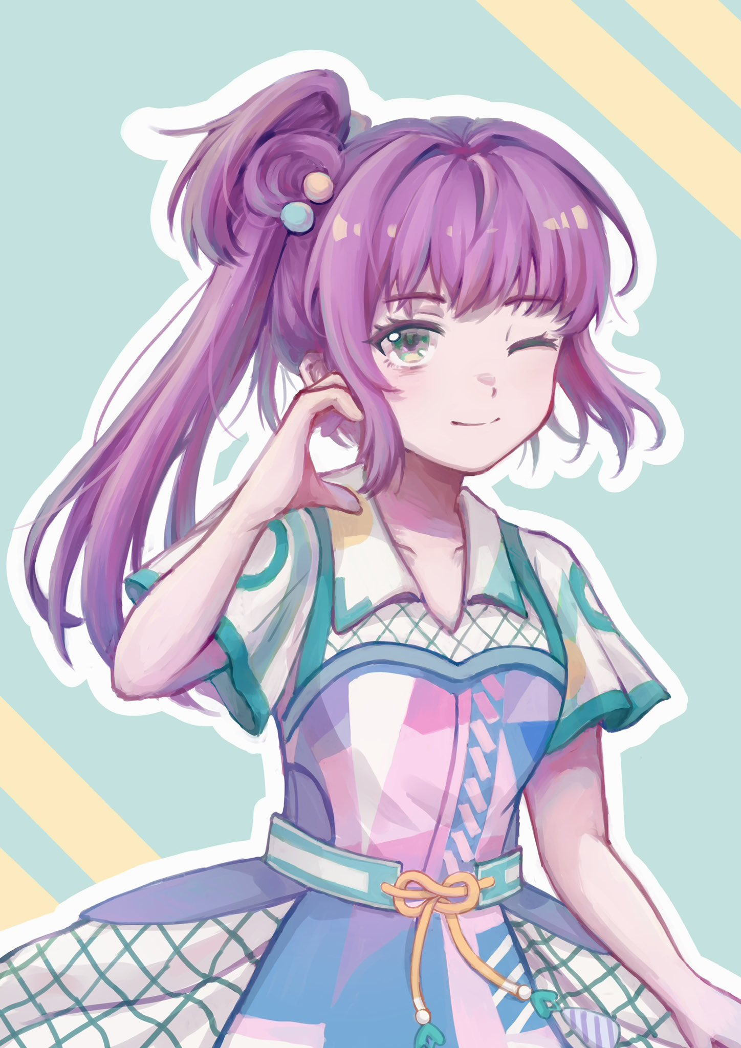 Safebooru - 1girl ;) blue background blue dress breasts closed mouth ...