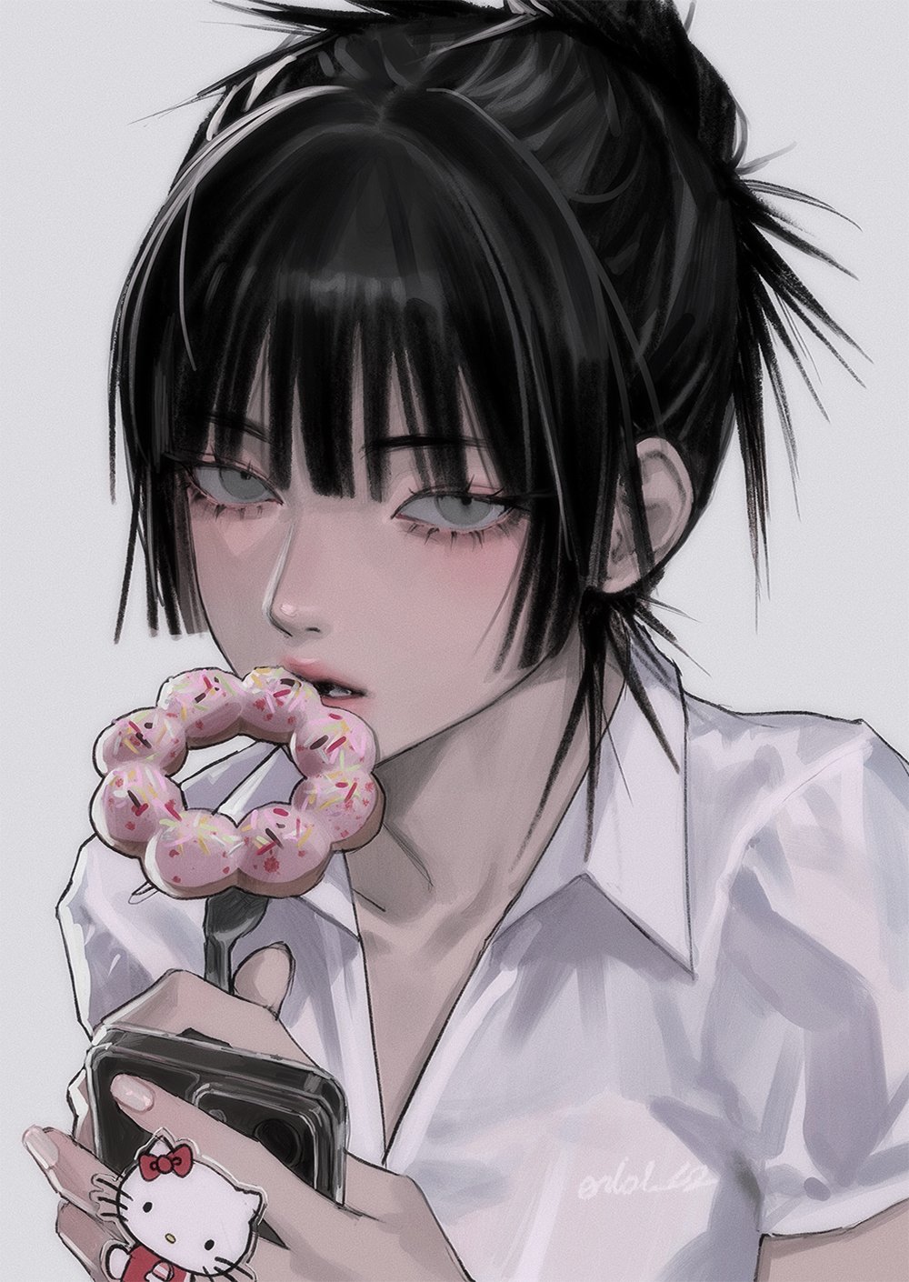 Safebooru - 1girl artist name black hair blunt bangs doughnut eriol s2 ...