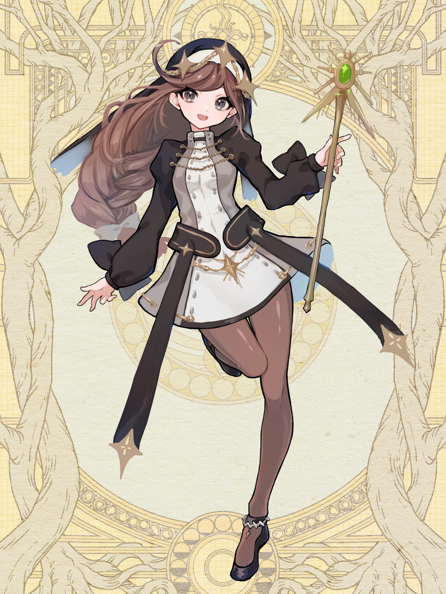 Safebooru - 1girl :d arisaka u black footwear black sleeves braid breasts brown hair brown ...